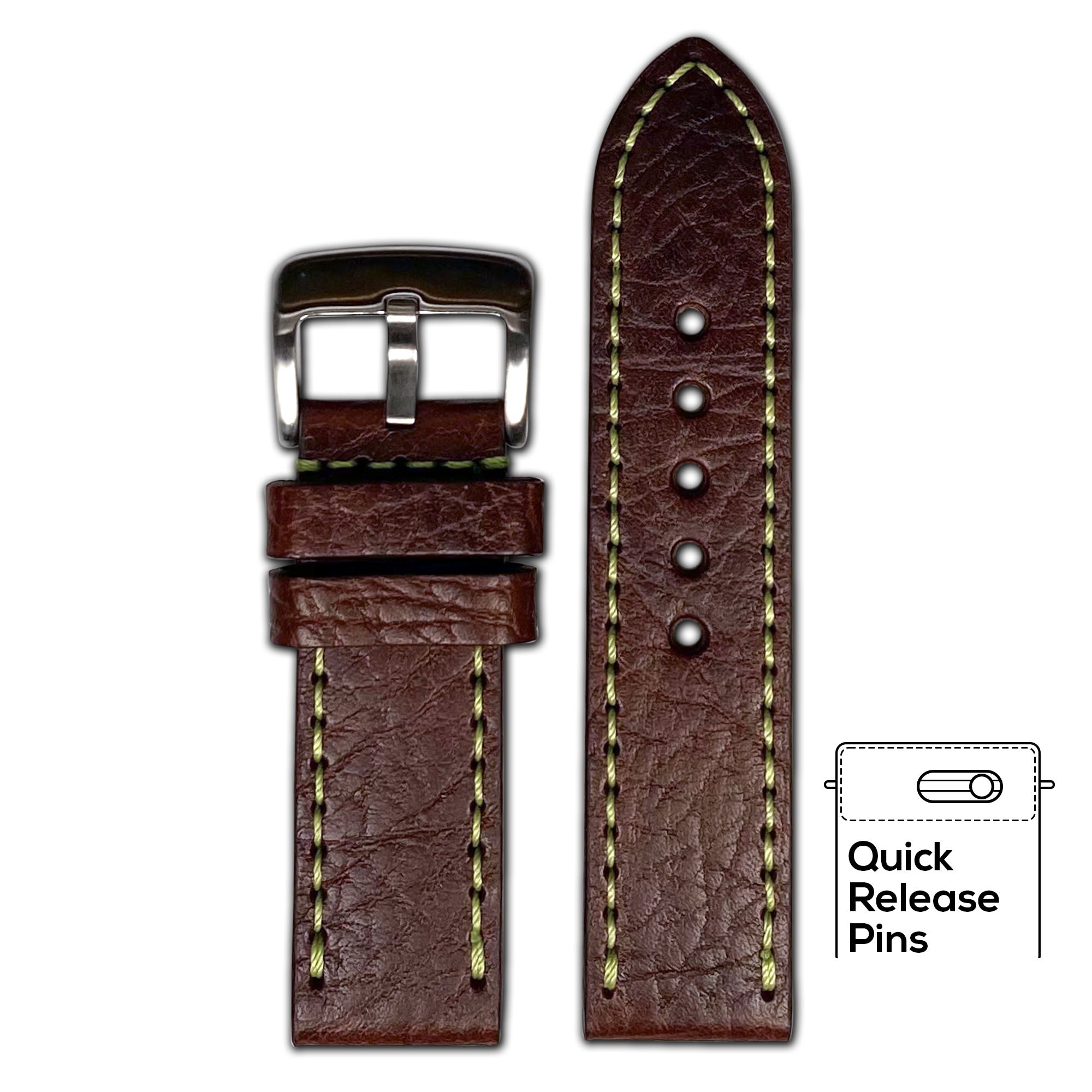 Quick Release | Pebble Grain Leather Watch Band | Dark Brown | Green S ...